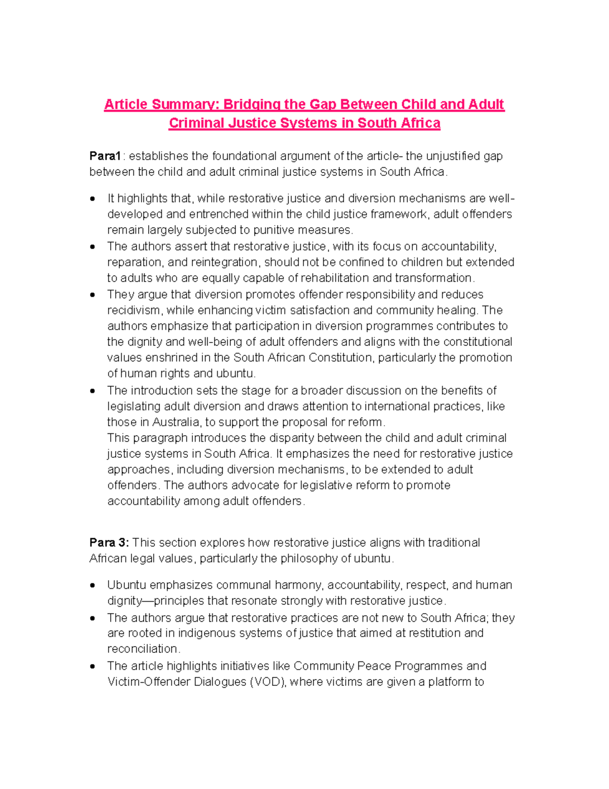 Article Summary: Bridging Child & Adult Criminal Justice in SA - Studocu