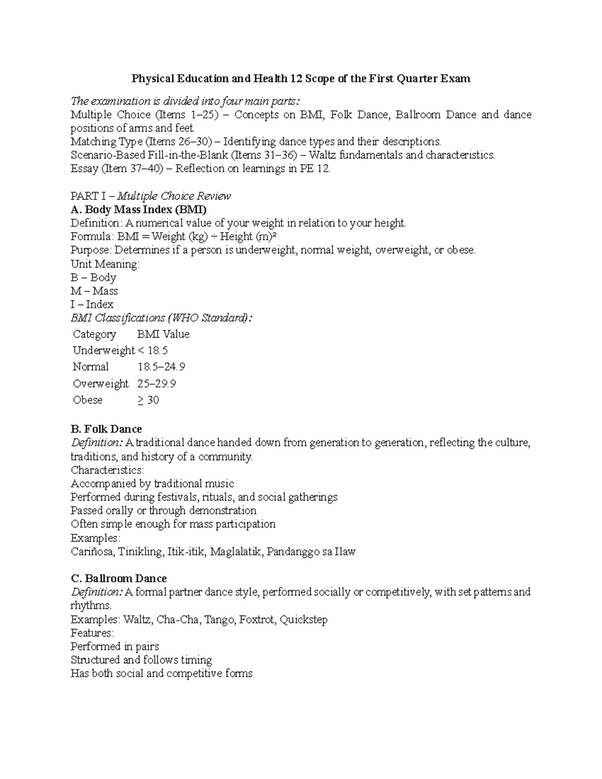 PE & Health 12: First Quarter Exam Review Guide - Studocu