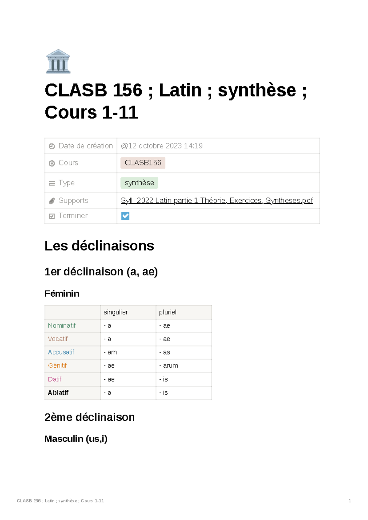 CLASB 156 Latin Synthèse: Cours 1 à 20 - Déclinaisons et Conjugaisons ...