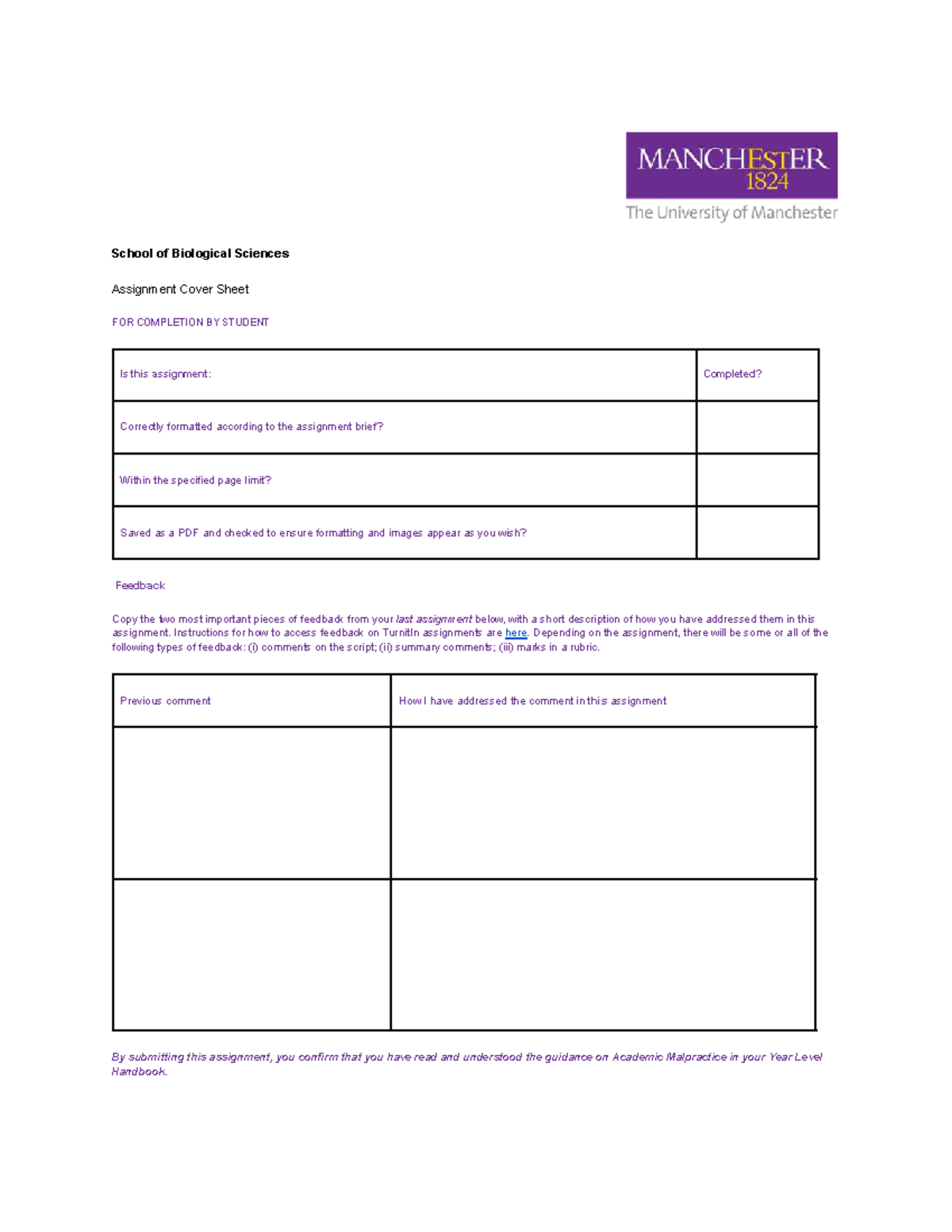 Biosciences Assignment Cover Sheet: Feedback & Improvements - Studocu