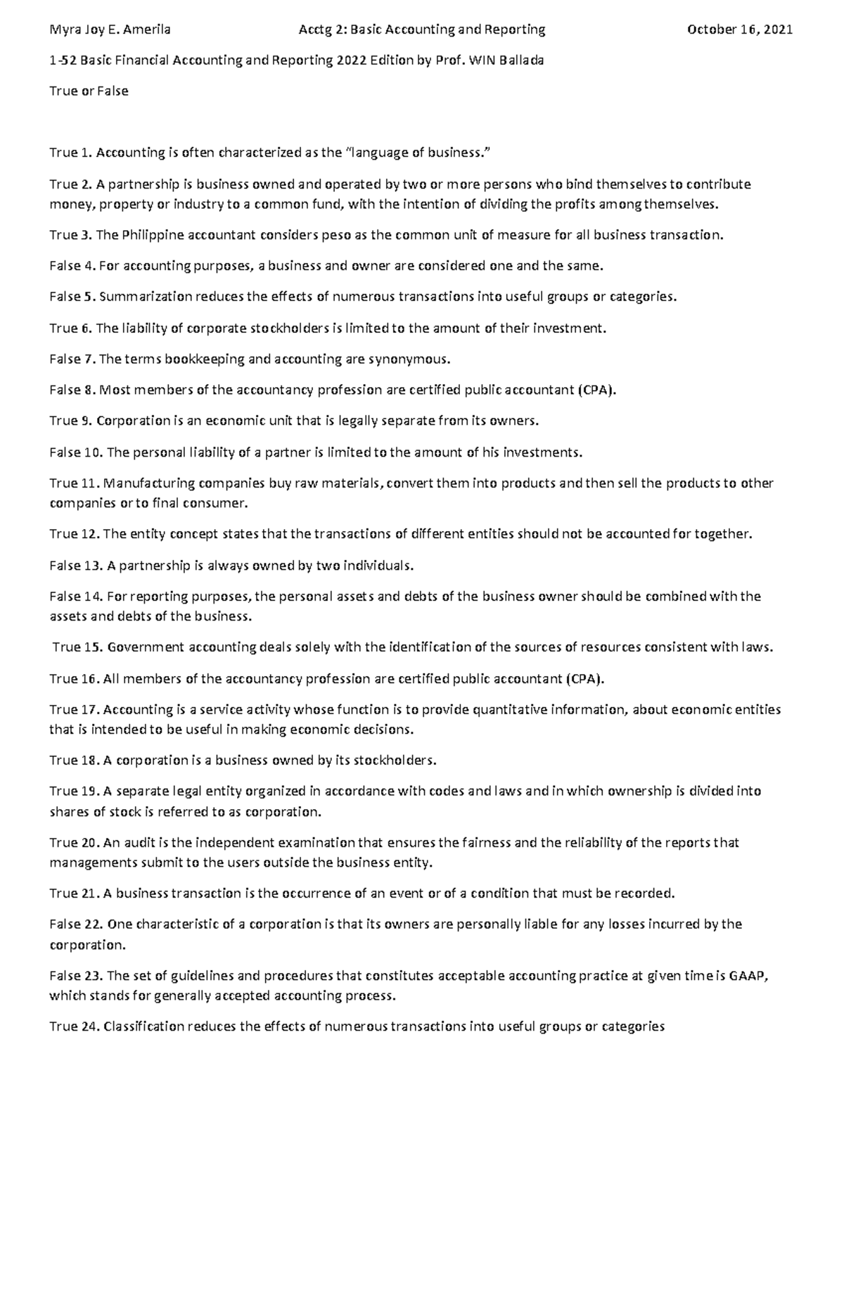 Acctg 2: Basic Financial Accounting & Reporting Quiz 1 - True/False ...