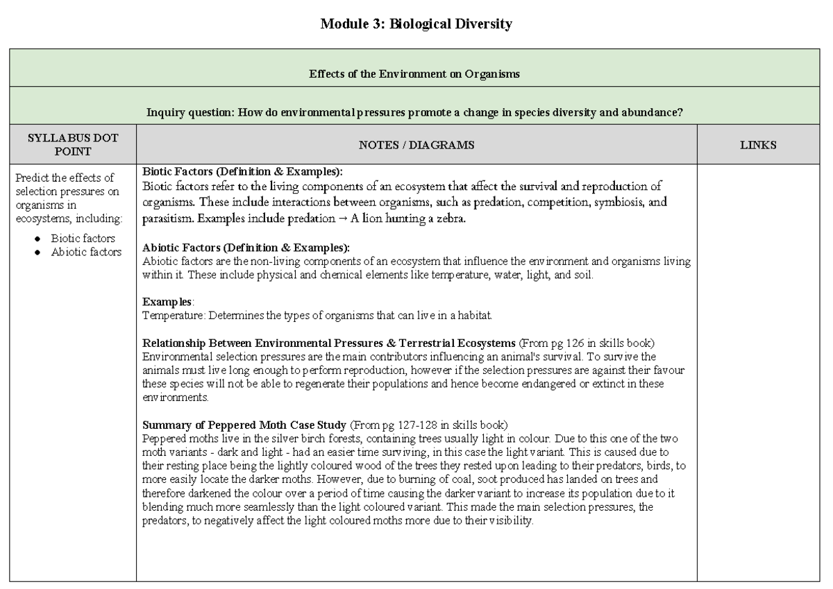 Biology yr 11 - Module 3 Study Guide - Module 3: Biological Diversity ...
