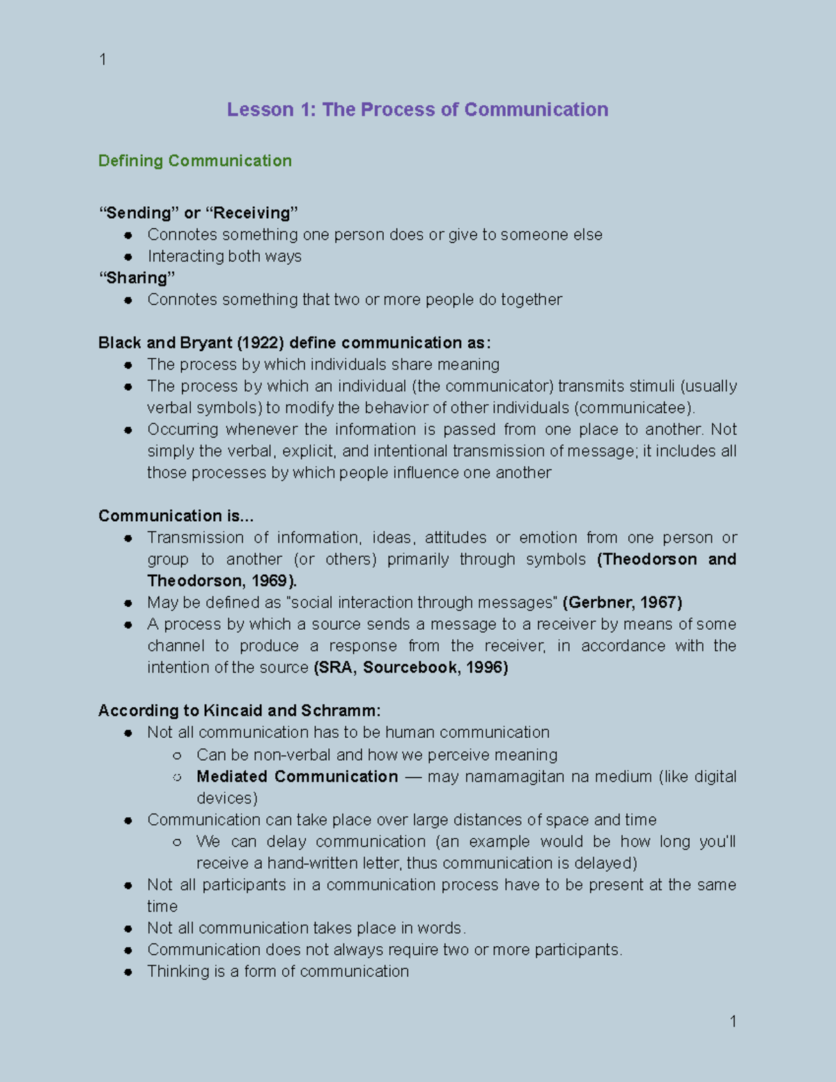 Comms- Notes - Lesson 1: The Process of Communication Defining ...