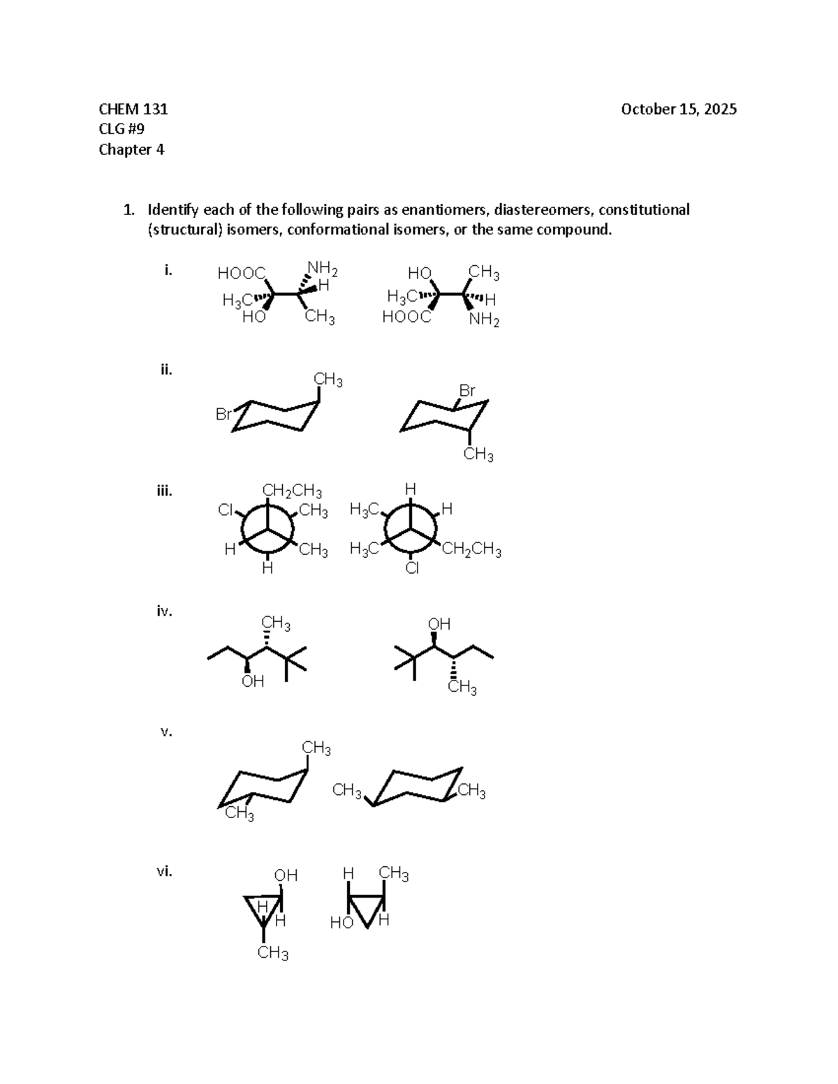 CHEM 131 CLG Chapter 4 Isomer Identification and Analysis - Studocu