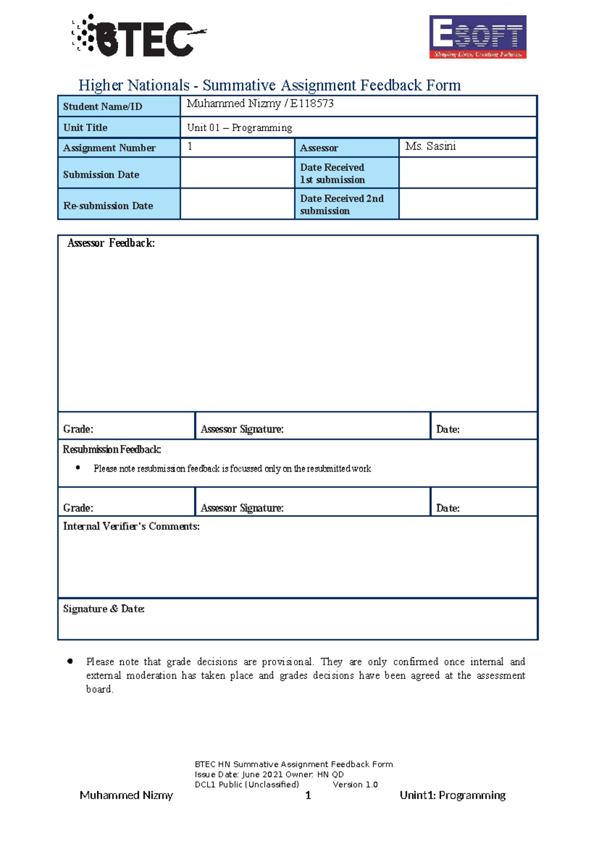 BTEC HN Unit 01 Programming Assignment Feedback Form - Muhammed Nizmy ...