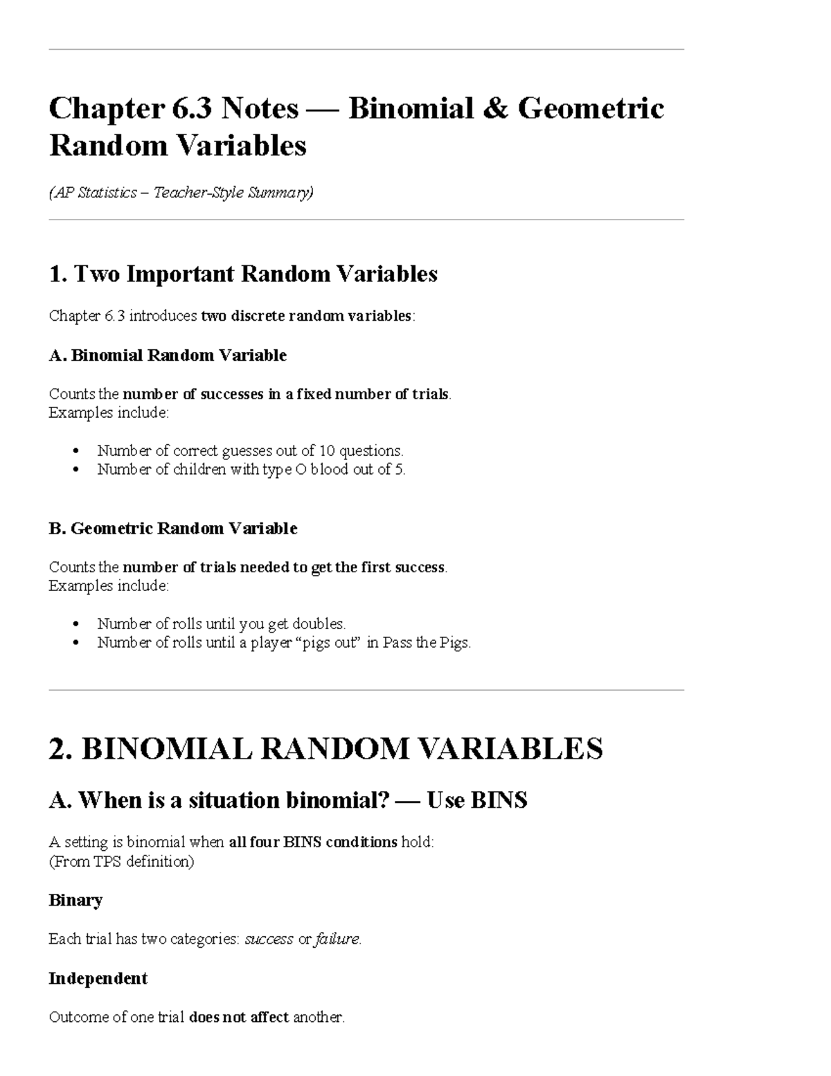 Chapter 6.3 Notes: Binomial & Geometric Random Variables (AP Stats ...