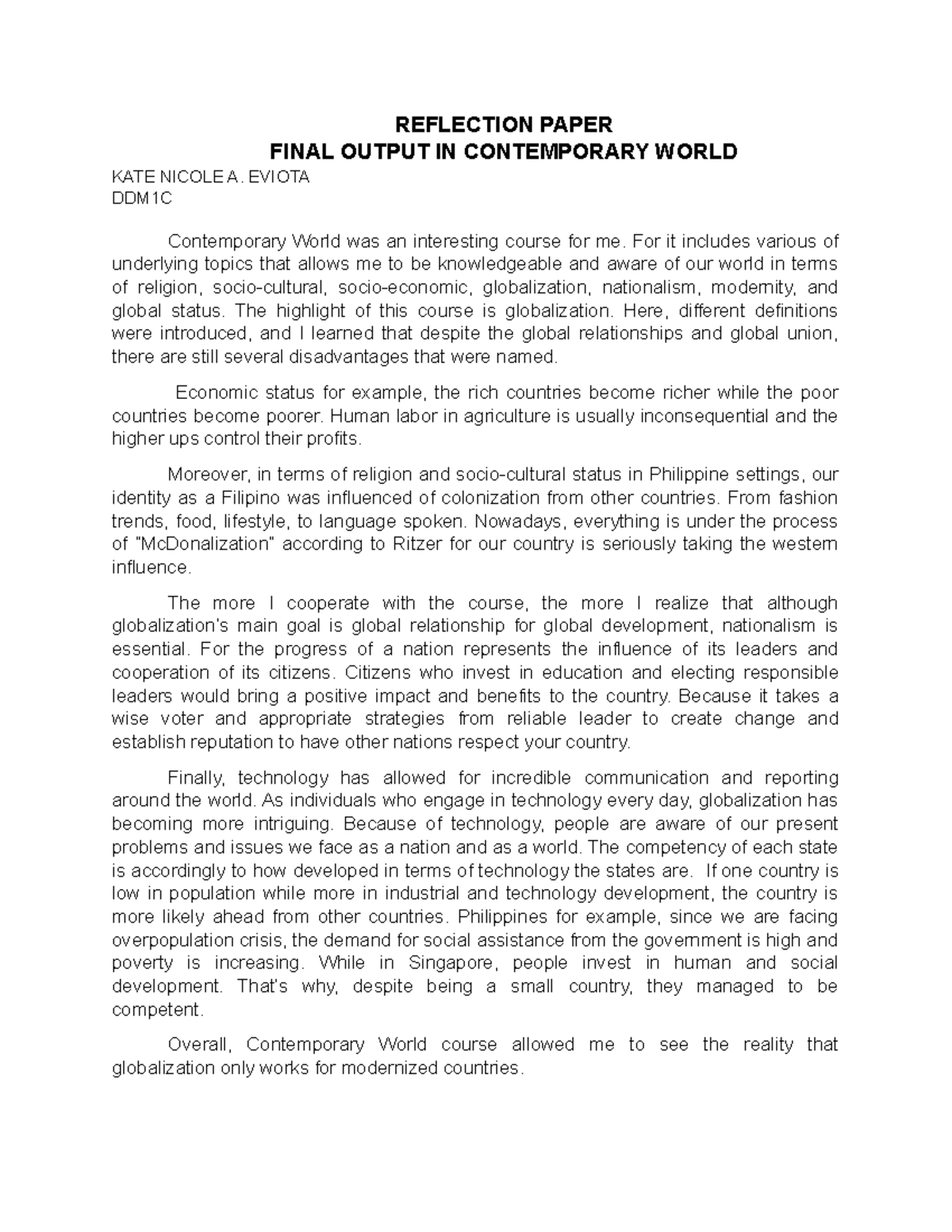 DDM1C Final Output: Reflection on Globalization in the Contemporary ...