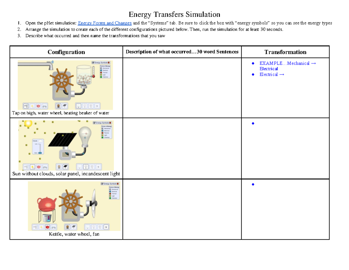 Energy Transfers: Exploring pHet Simulation Configurations - Studocu