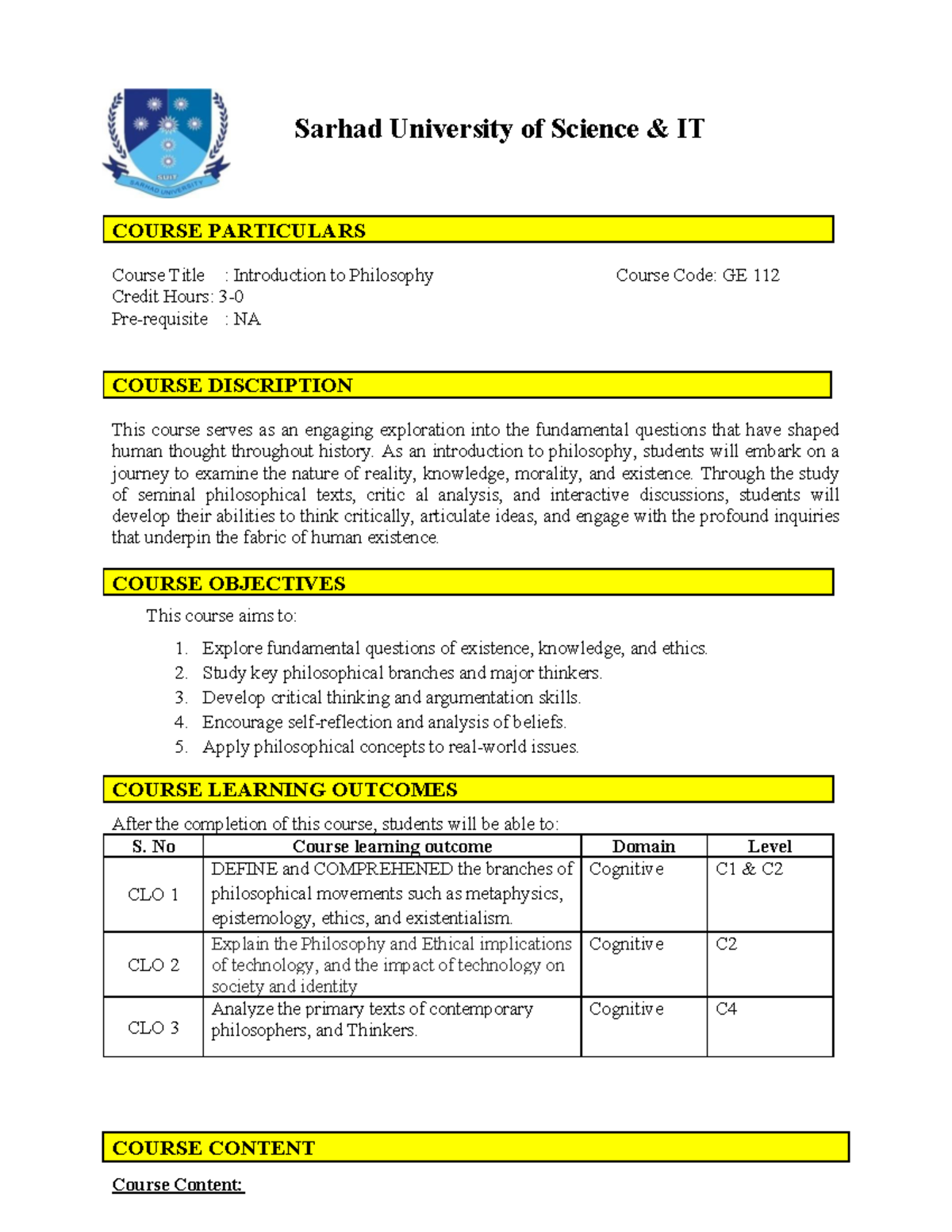 BS HPE 1ST Year Course Outlines: Philosophy, Physics, and Sports ...