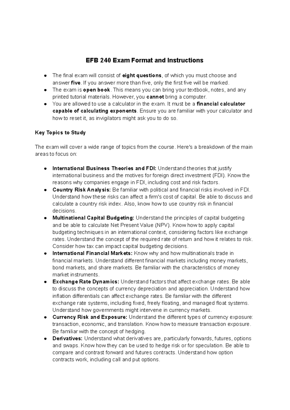 Final Exam Outline and Key Topics for EFB 240 - Studocu