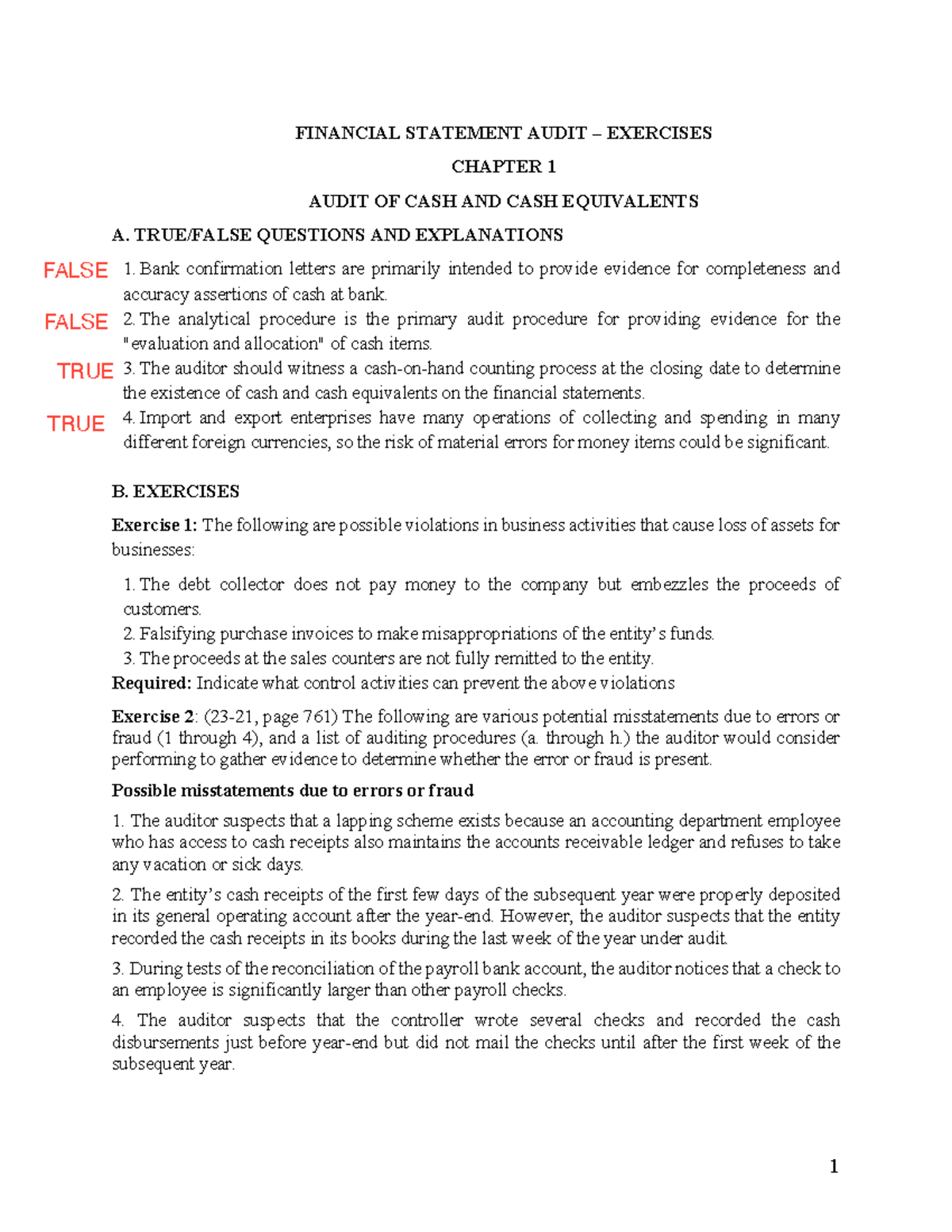 FINANCIAL STATEMENT AUDIT EXERCISES: CHAPTER 1 - AUDIT OF CASH ...