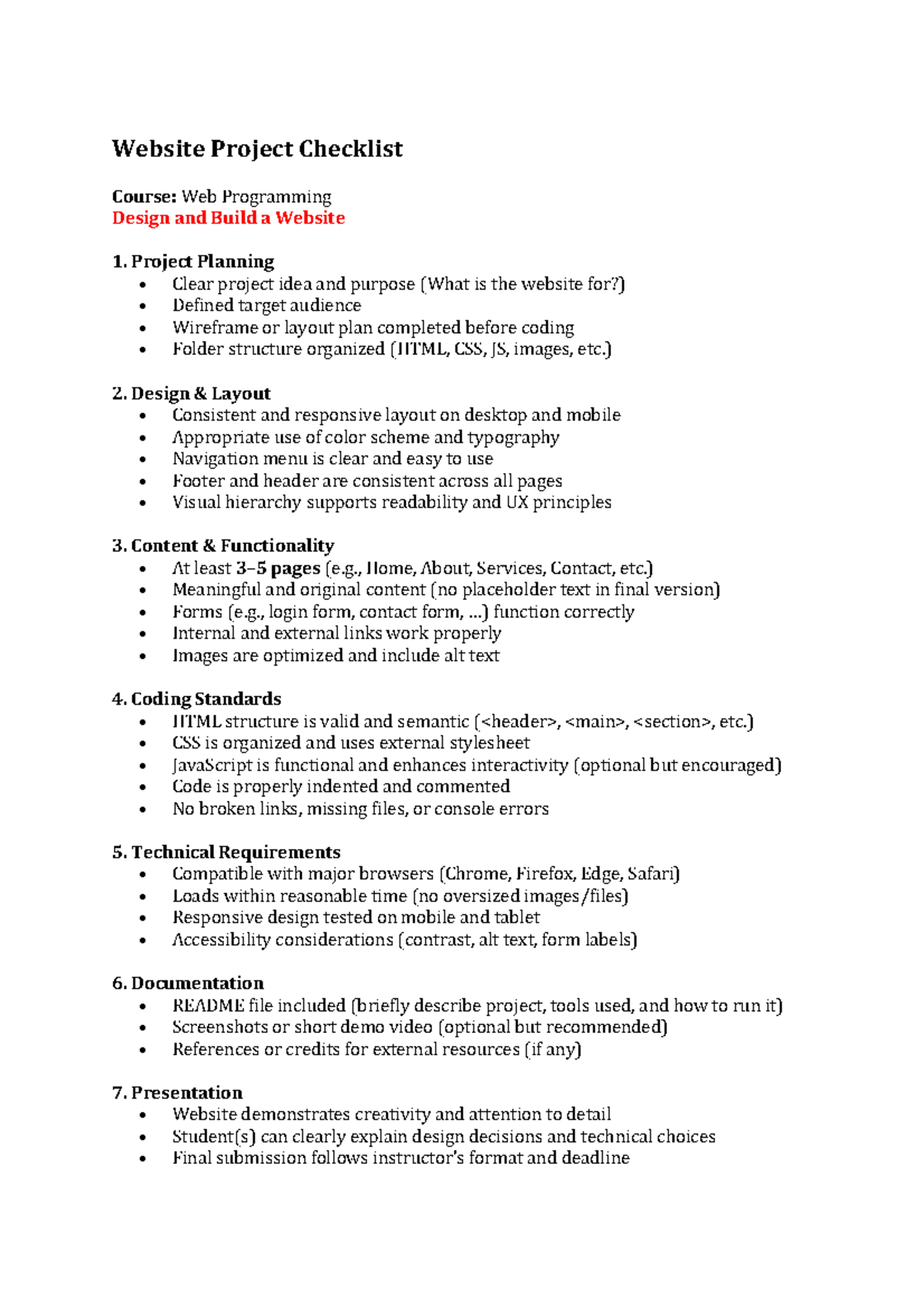 Website Project Checklist - Web Programming Design and Build - Studocu