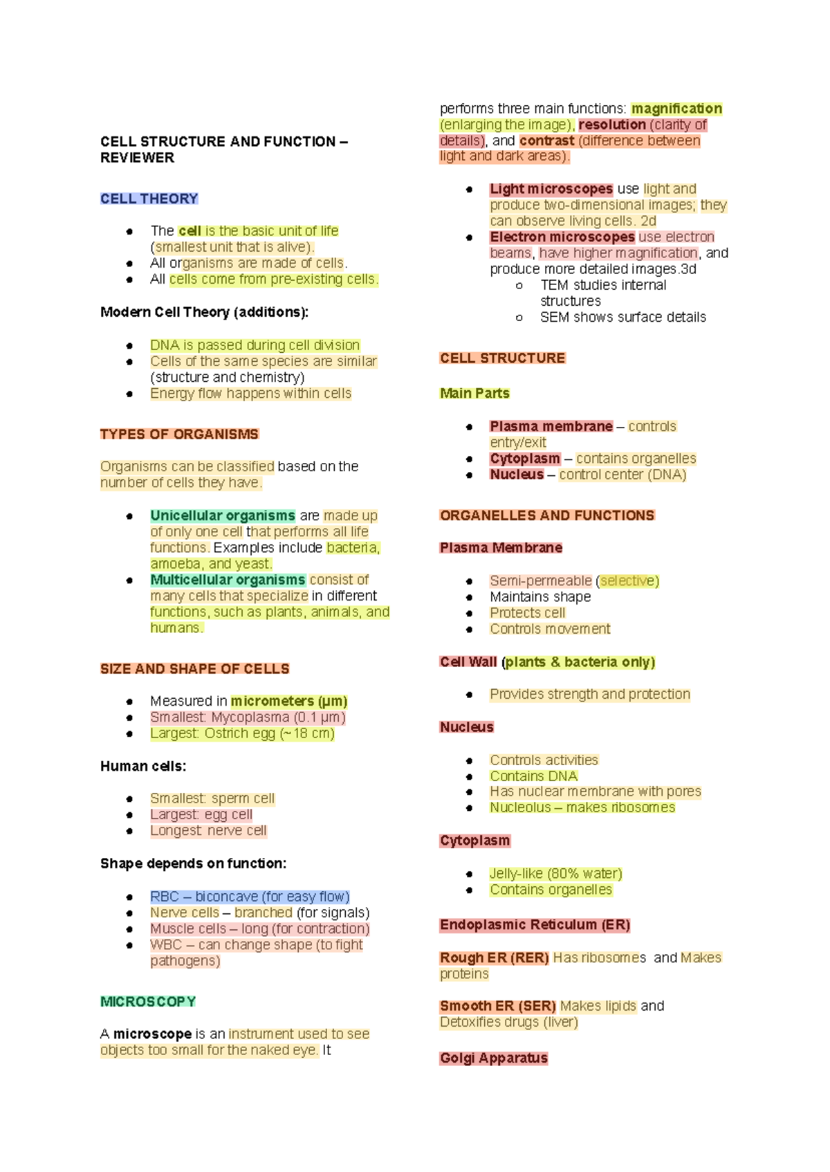 CELL Structure and Function – Review Notes for Biology 101 - Studocu