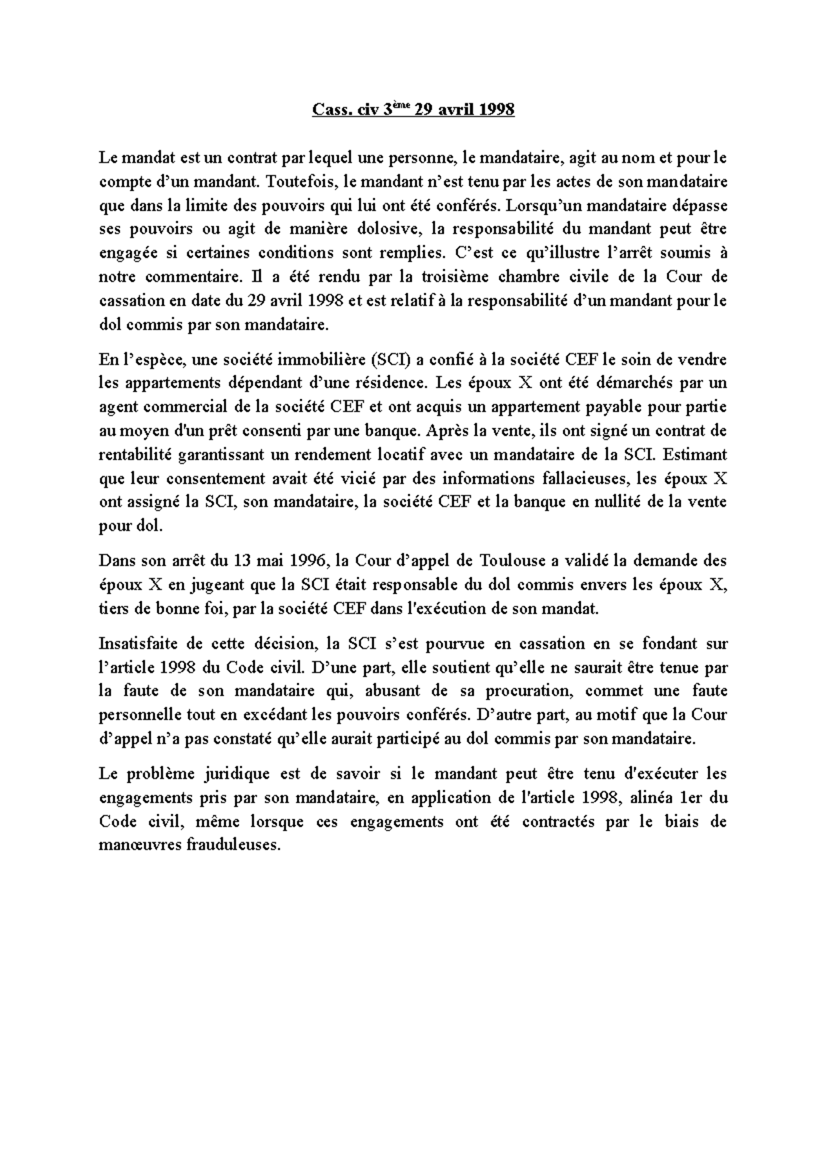 Cass. civ 3ème 29 avril 1998 : Responsabilité du Mandant pour Dol du ...