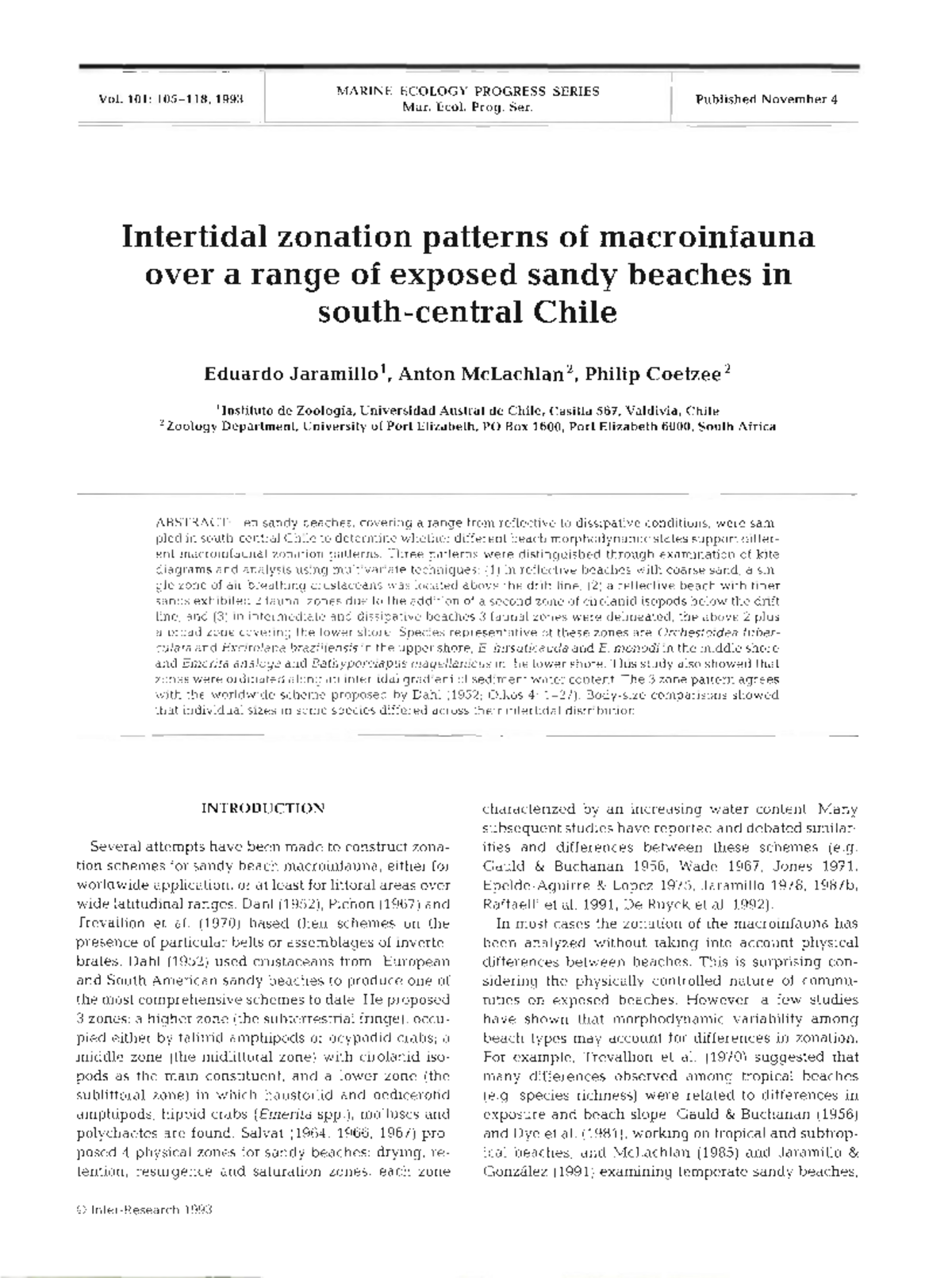 Intertidal Zonation Patterns of Macroinfauna on Sandy Beaches in Chile ...