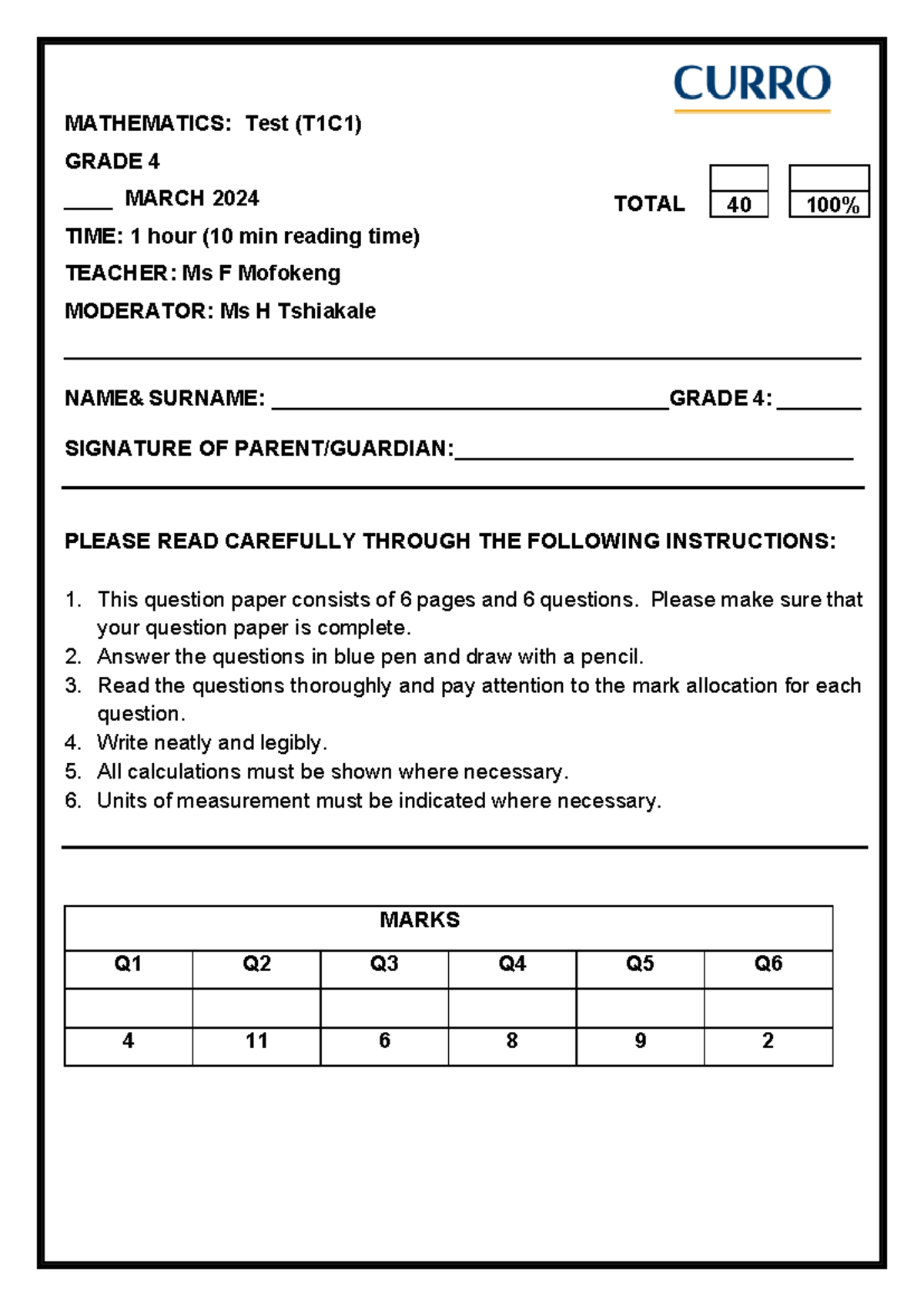 Mathematics Test (T1C1) Grade 4 - March 2024 Exam Paper - Studocu