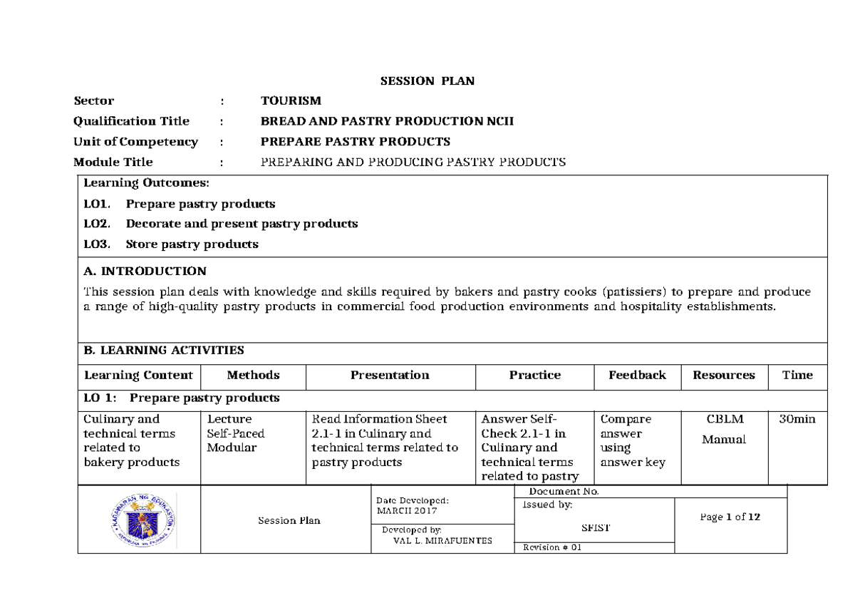 Session plan in bpp - For bpp lectures - SESSION PLAN Sector : TOURISM ...