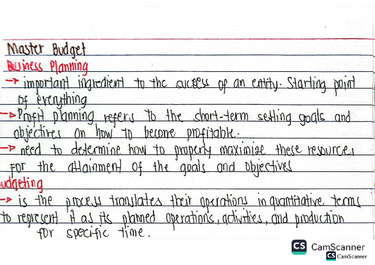Master Budget - CS Notes on Business Planning and Profitability - Studocu