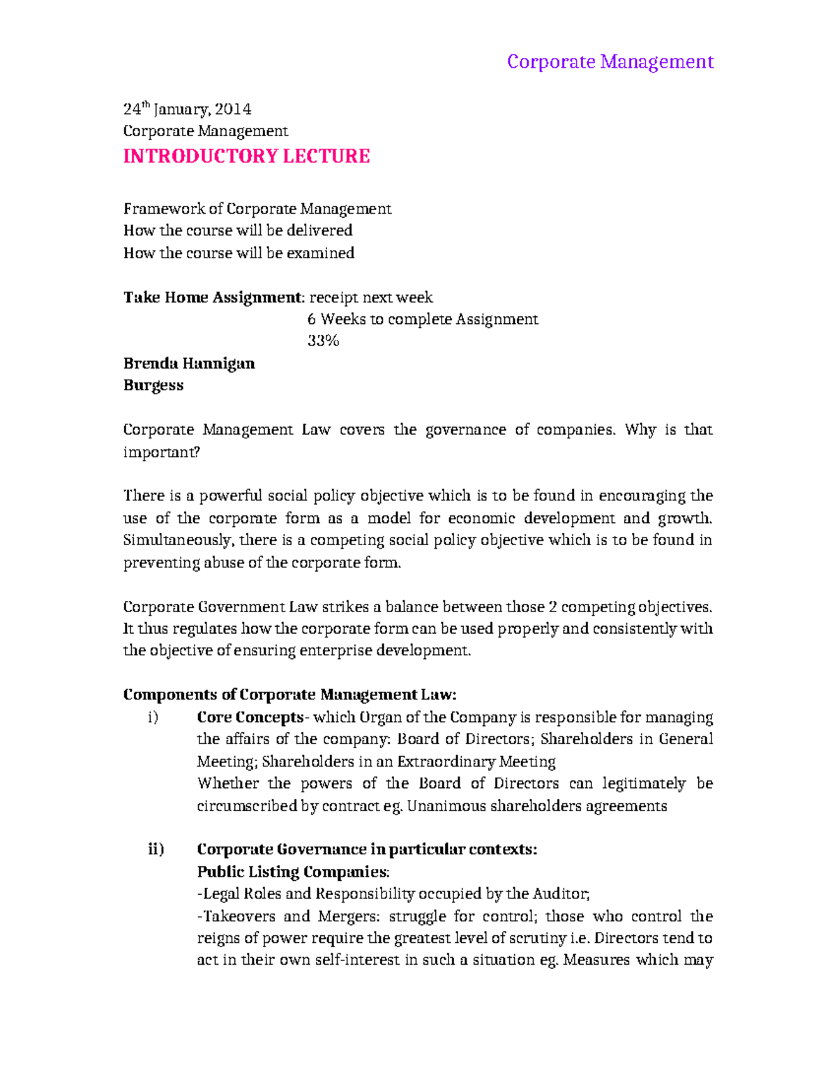 Corporate Management (CM 101) Lecture Notes and Key Concepts - Studocu