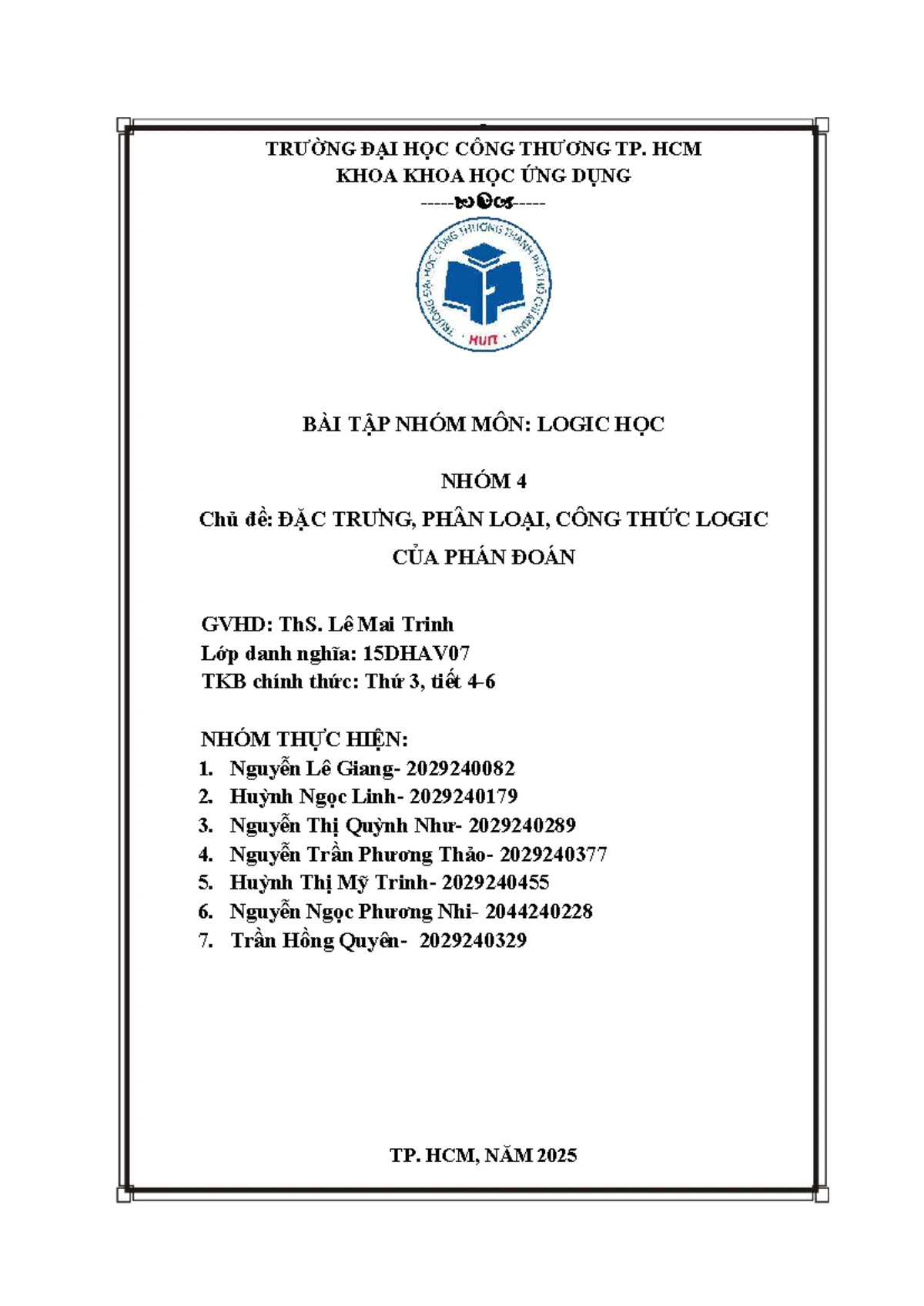 Bài Tập Nhóm Môn: Logic Học - Đặc Trưng và Phân Loại Phán Đoán (N4 ...