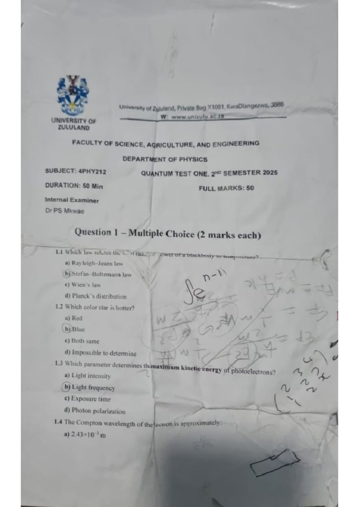 4PHY212 Quantum Test One - 2nd Semester 2025 - Studocu