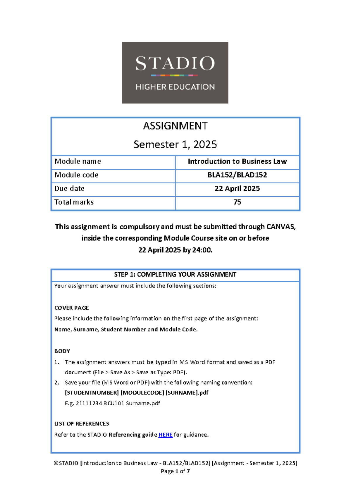 BLA152 Assignment Guidelines for Introduction to Business Law 2025 ...