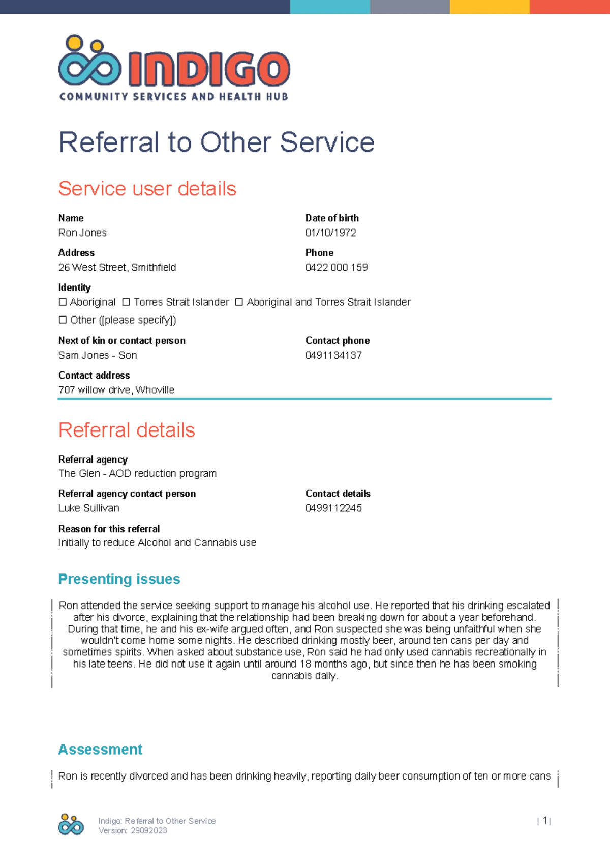 Indigo: Referral to Other Service - Ron Jones Case Study - Studocu