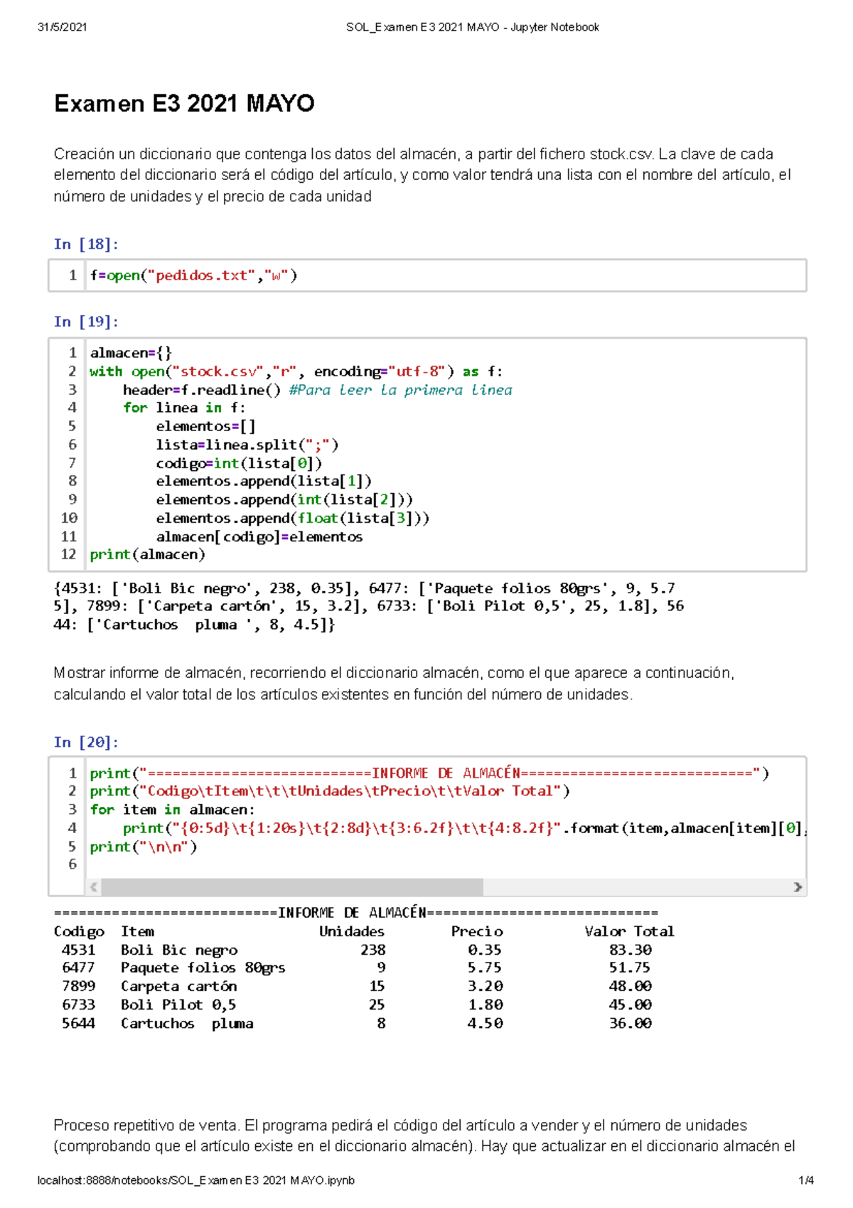 SOL E3 2021 - Mayo: Informe y Actualización de Almacén en Python - Studocu