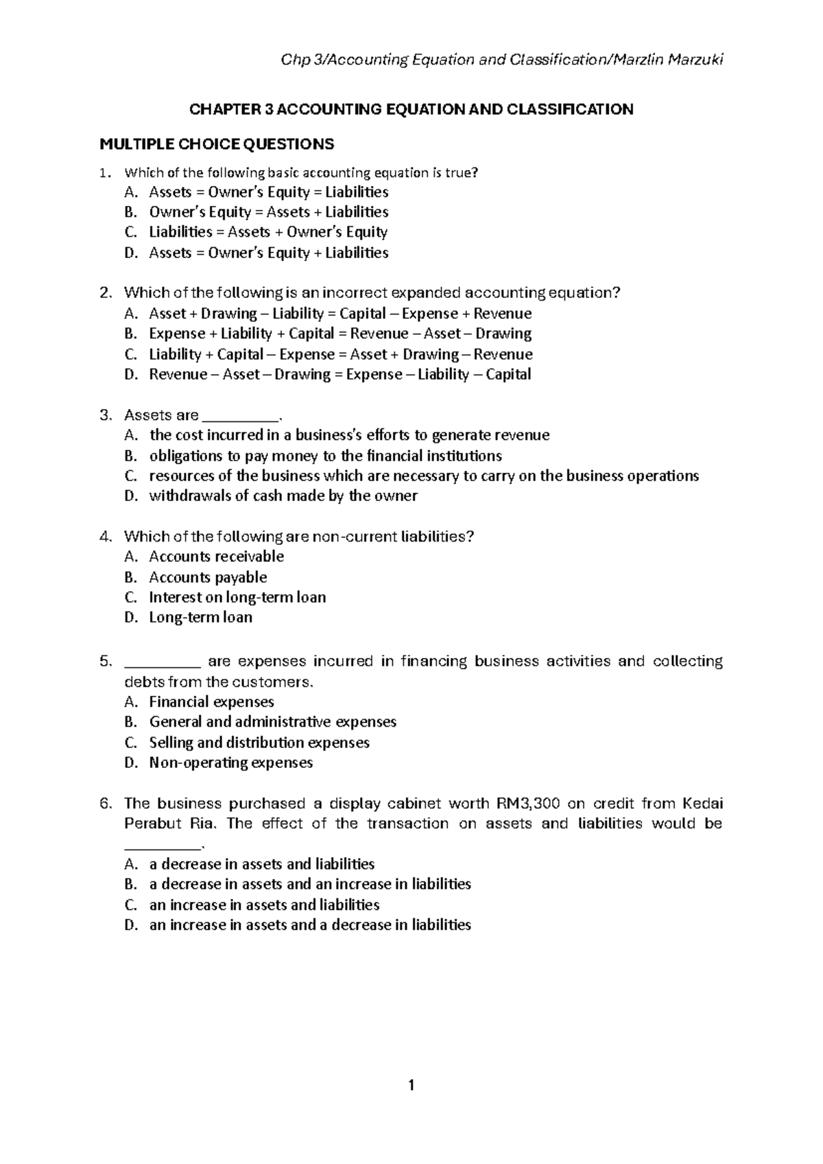 Chp 3 Accounting Equation & Classification ACC117 Tutorial Questions ...