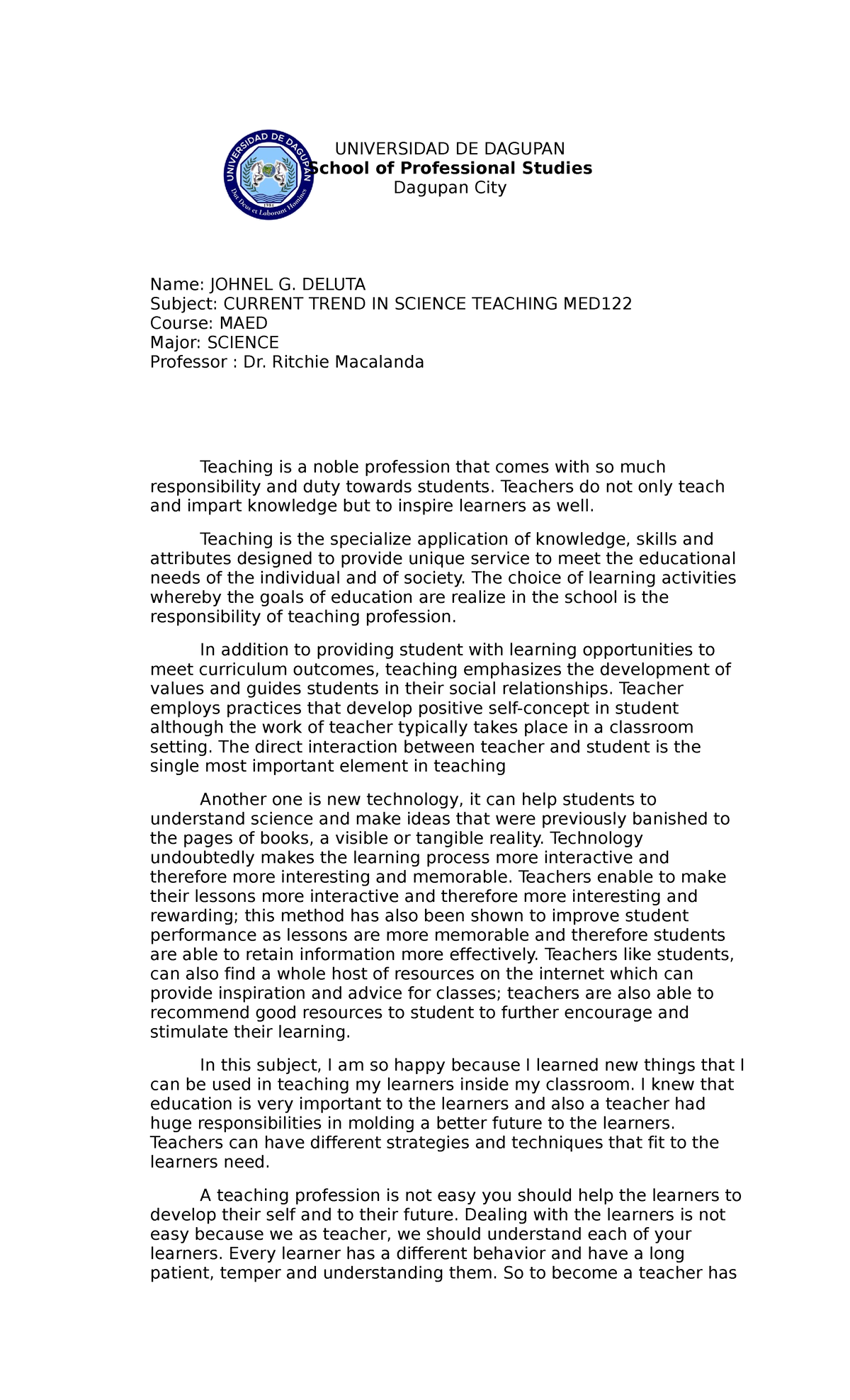 ICT Reflection on Teaching Strategies (MED 501) - Studocu