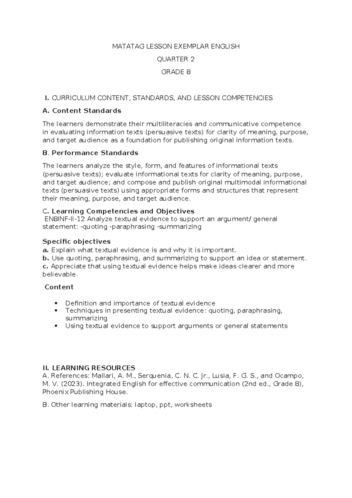 MATATAG ENGLISH LESSON EXEMPLAR GRADE 8 QUARTER 2 - Studocu