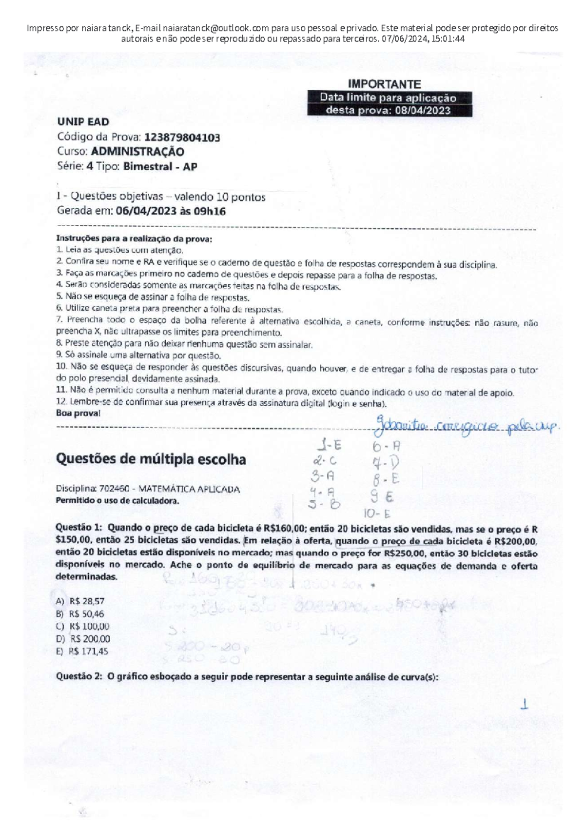 Prova Bimestral de Matemática Aplicada, UNIP ADM EAD 2023 - Studocu