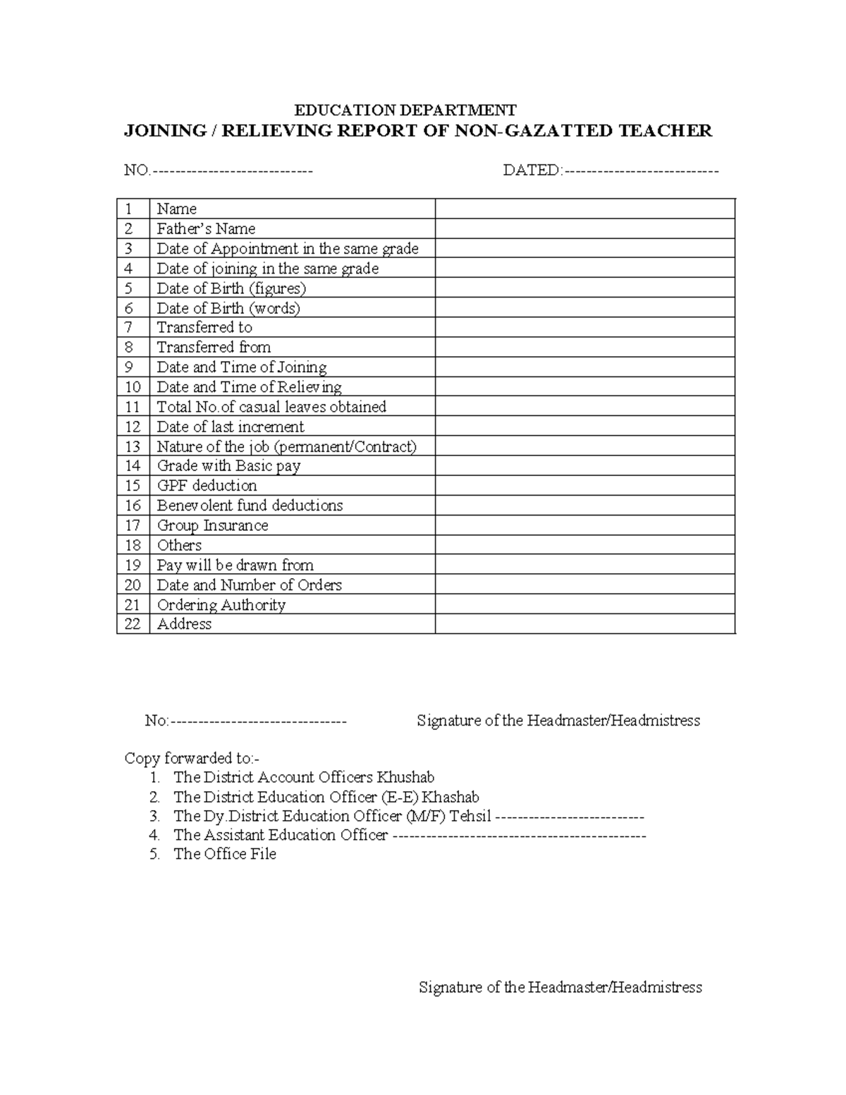 Joining and Relieving Report for Non-Gazetted Teachers - Studocu