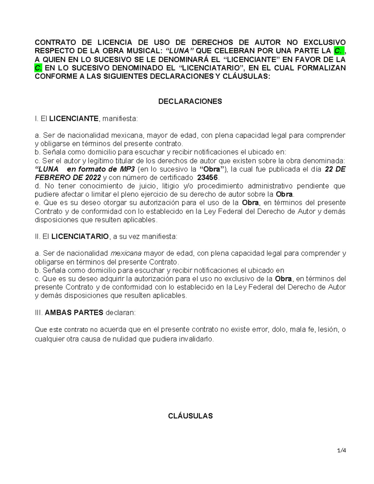 Contrato de Licencia de Uso No Exclusivo de Derechos de Autor: "LUNA ...
