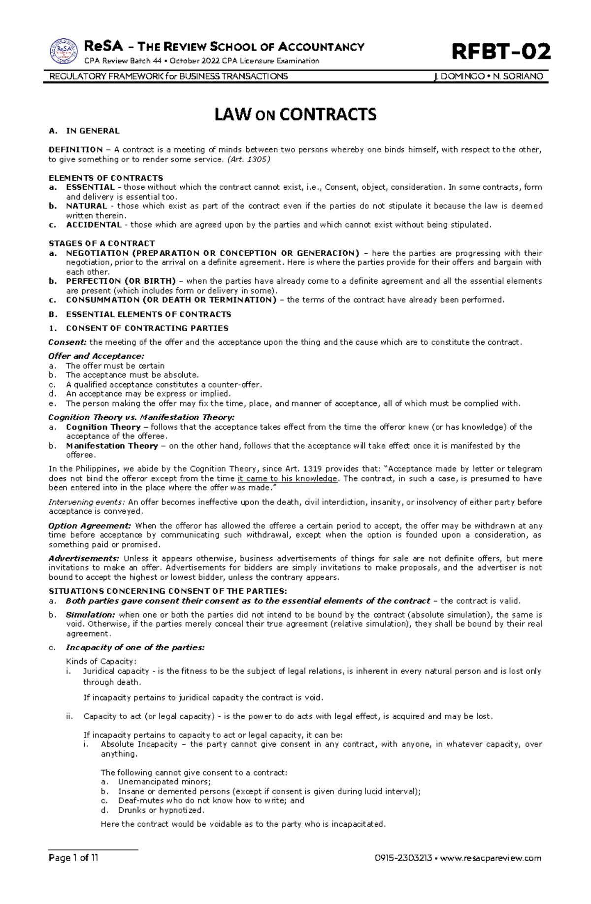 RFBT-02 (Contracts) - Comprehensive Summary Notes on Contract Law - Studocu