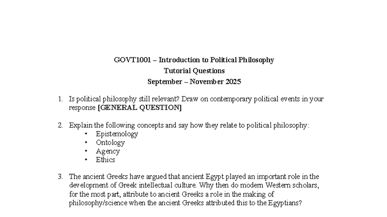 GOVT1001 Tutorial Questions on Political Philosophy 2025 - Studocu