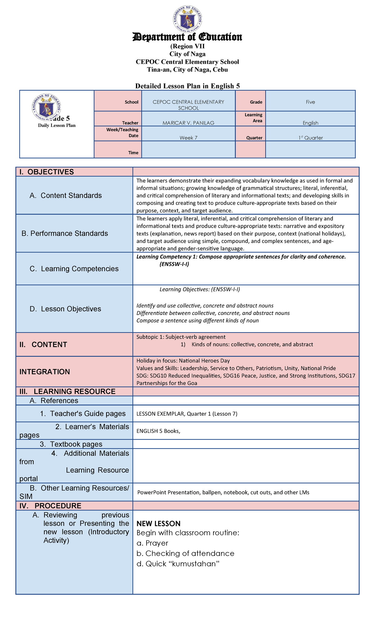 DLP ENG 5: Detailed Lesson Plan on Nouns for Grade 5 Students - Studocu