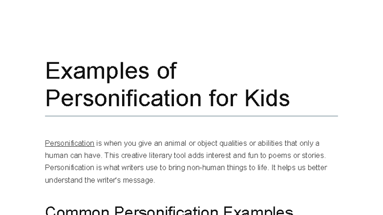 Examples of Personification for Kids: Fun Literary Devices - Studocu