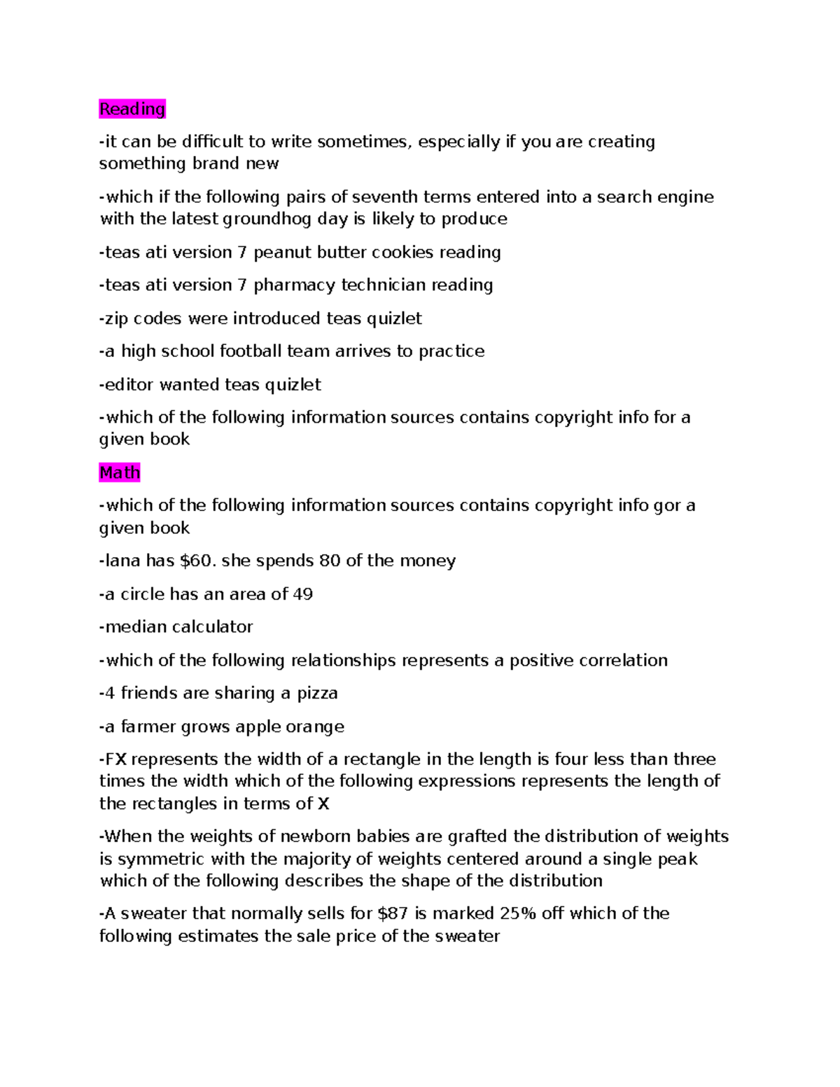 TEAS ATI Version 7 - Reading, Math, and Science Exam Notes - Studocu