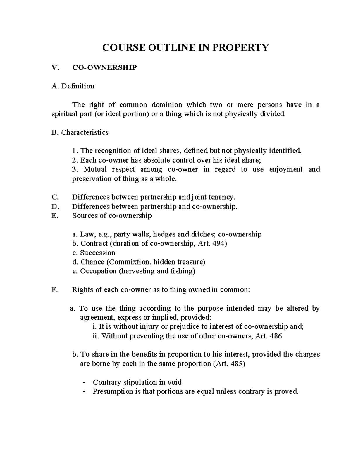 Property Law Outline: Co-Ownership and Usufruct (LAW 101) - Studocu