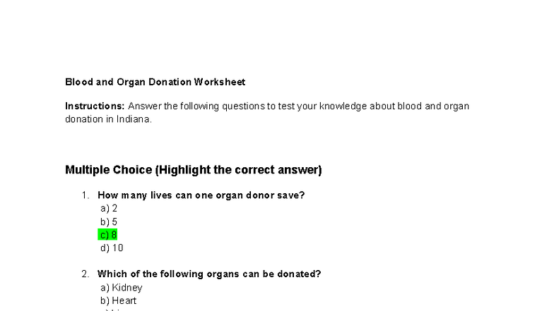 Blood and Organ Donation Worksheet Instructions: Indiana Quiz - Studocu