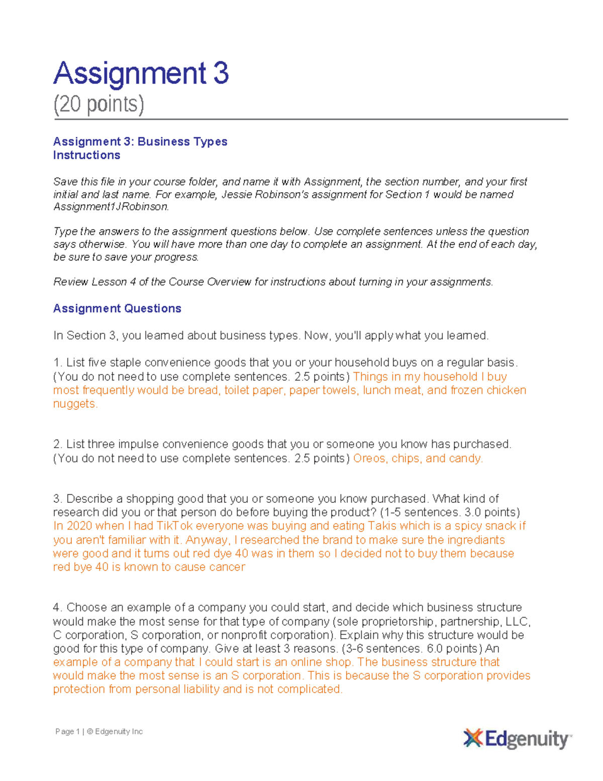 Assignment 3: Business Types Analysis for Edgenuity Course - Studocu