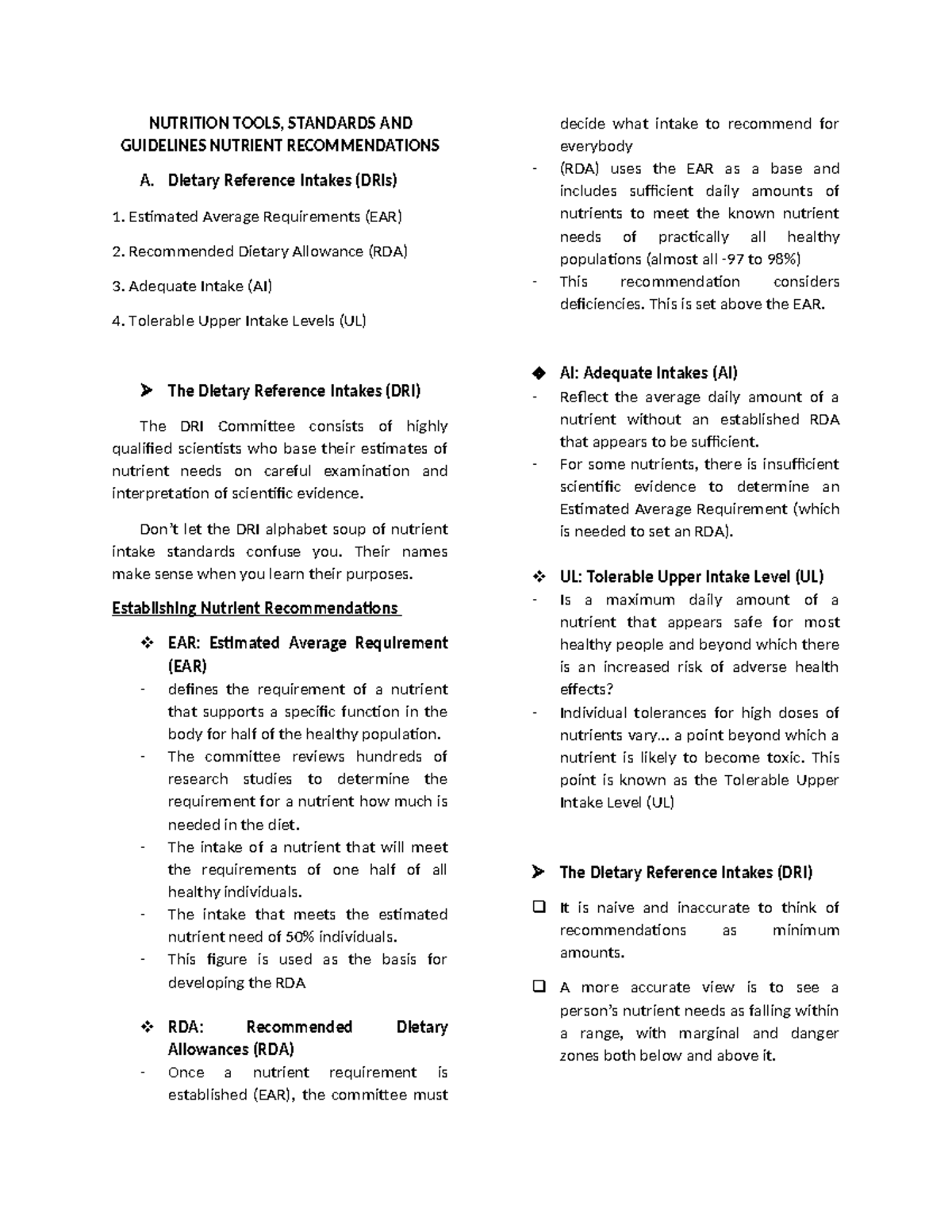 Nutrition Tools and Guidelines: DRI, RDA, AI, and UL Explained - Studocu