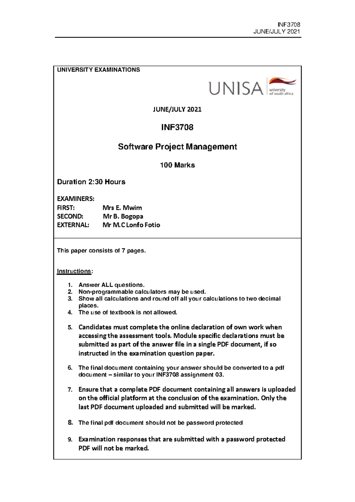 INF3708 Final Exam Memo - Software Project Management June 2021 - Studocu