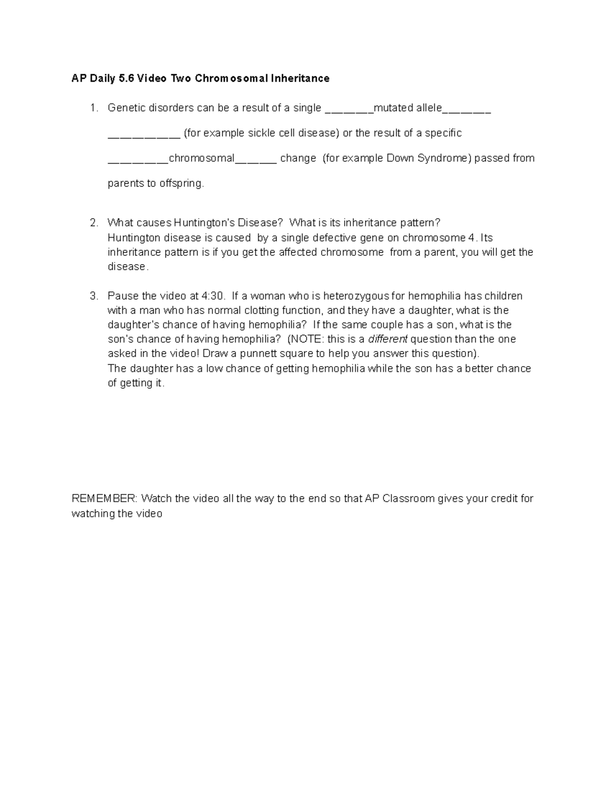 AP Daily 5.6: Video Two on Chromosomal Inheritance Overview - Studocu