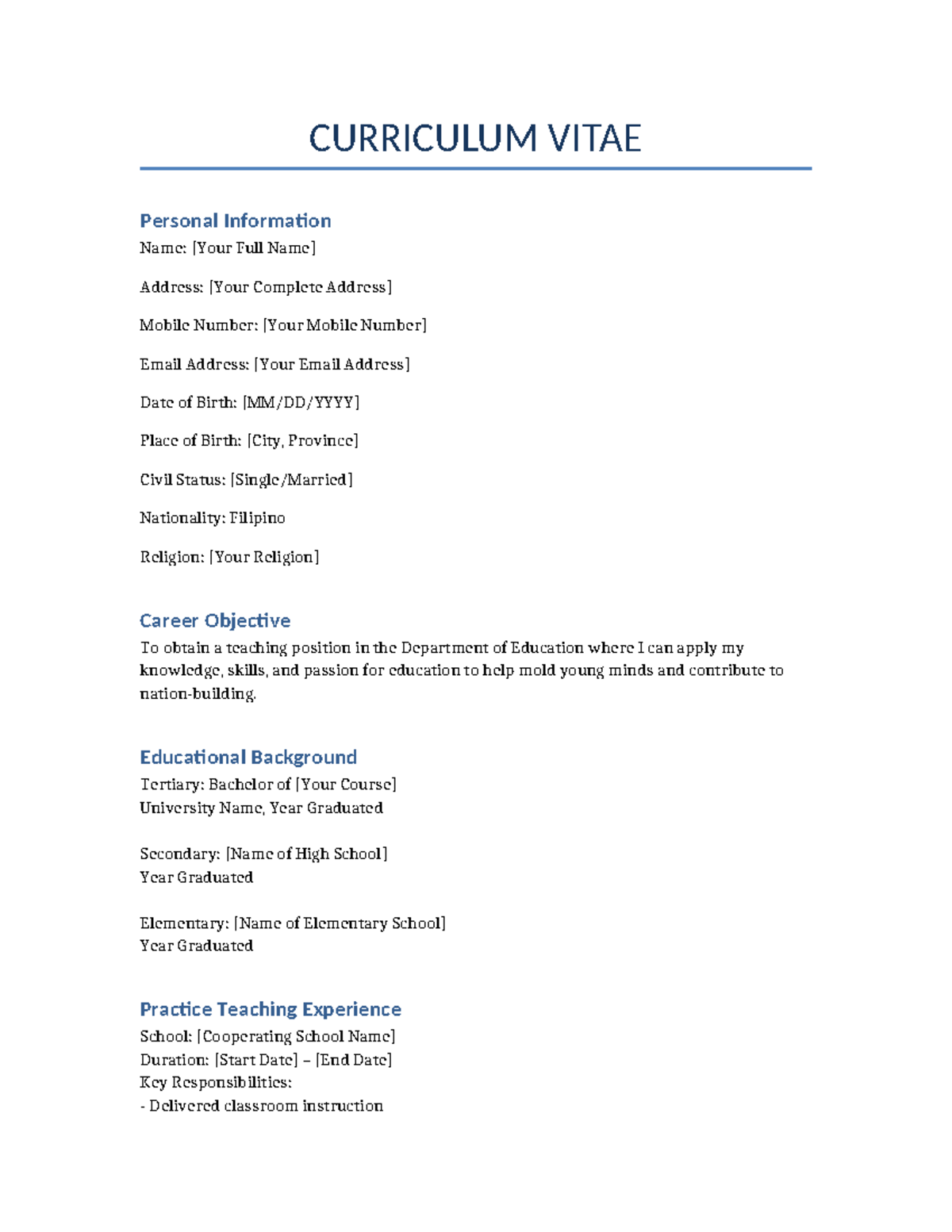 Professional CV for DepEd Teacher Position: Template & Guidelines - Studocu
