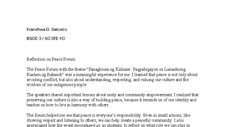 SO Reflection on Peace Forum: Insights on Peace and Unity - Studocu