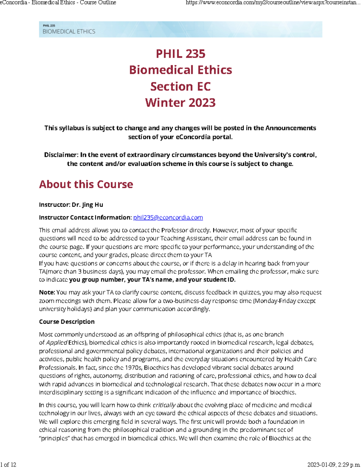 E Concordia - Biomedical Ethics - Course Outline - PHIL 235 Biomedical Ethics Section EC Winter ...