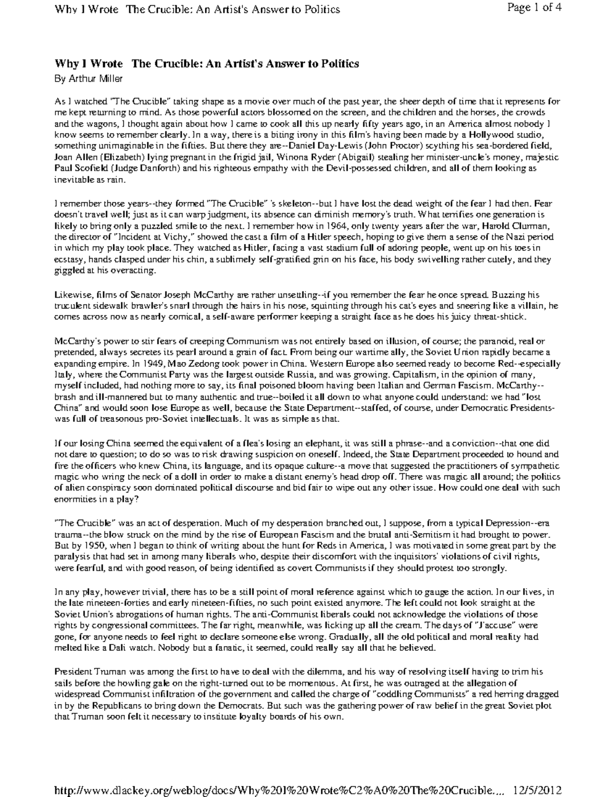 Why I Wrote 'The Crucible': An Artist's Reflection on Politics - Studocu