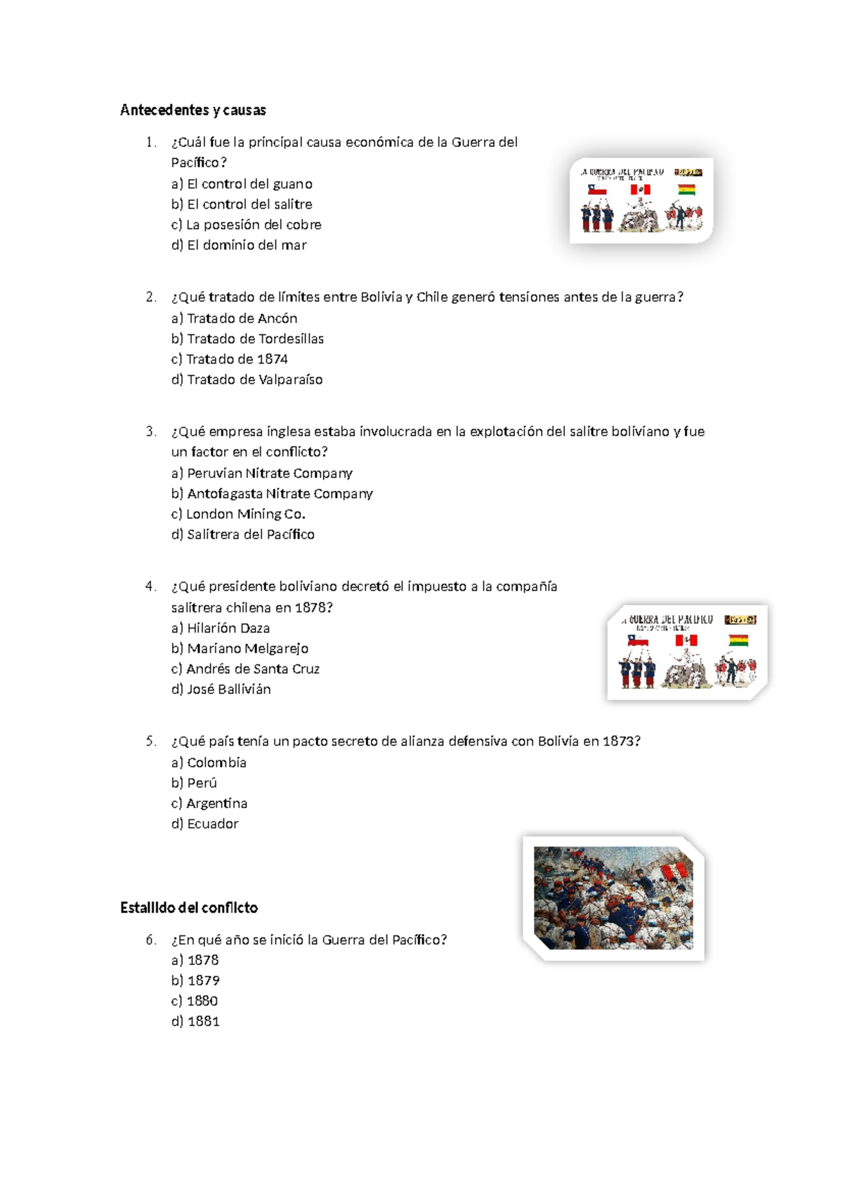 Examen de Guerra del Pacífico: Causas y Consecuencias - Studocu